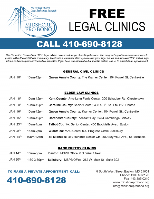Mid Shore Pro Bono Announces Free Legal Clinics - SBJ